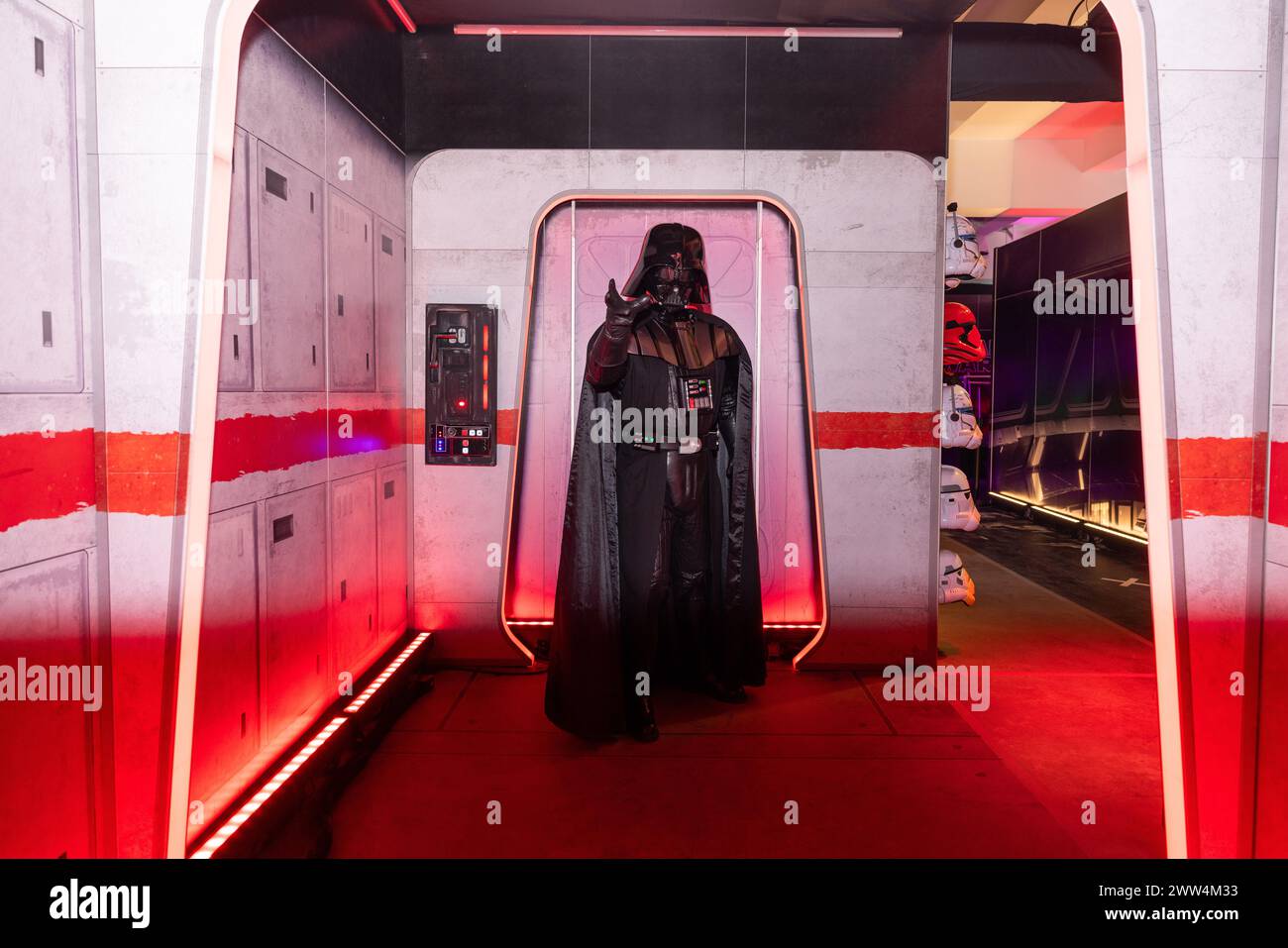 New York, USA. 21st Mar, 2024. A costumed Darth Vader character poses ...