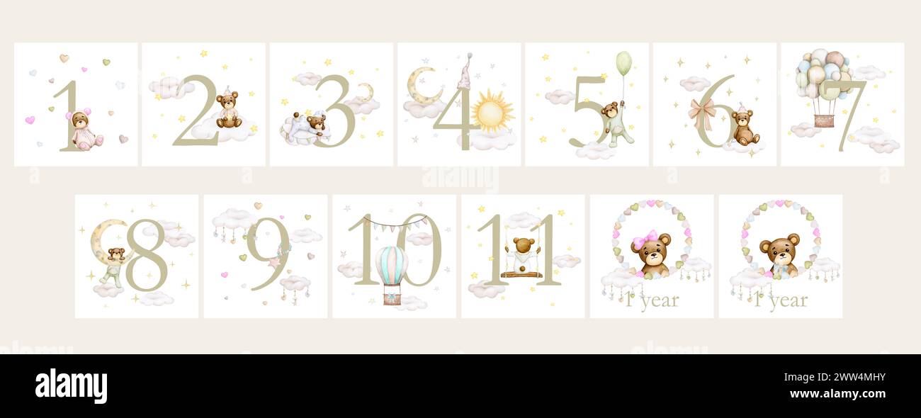 Set of of baby milestone cards in pastel colors. 12 months. Newborn boy ...