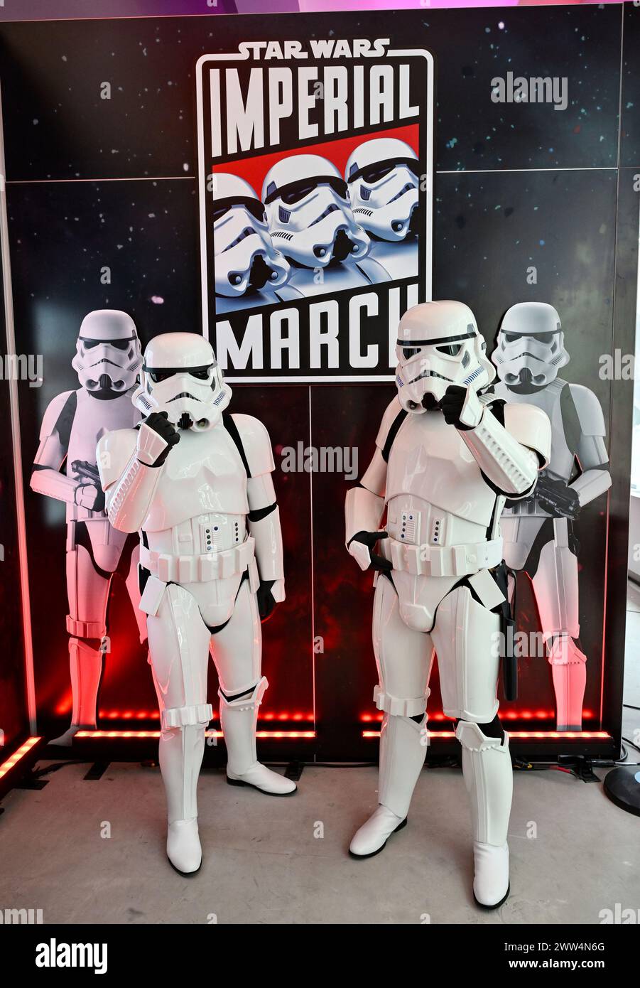 Stormtrooper costumed characters pose at the Hasbro and Amazon Star ...