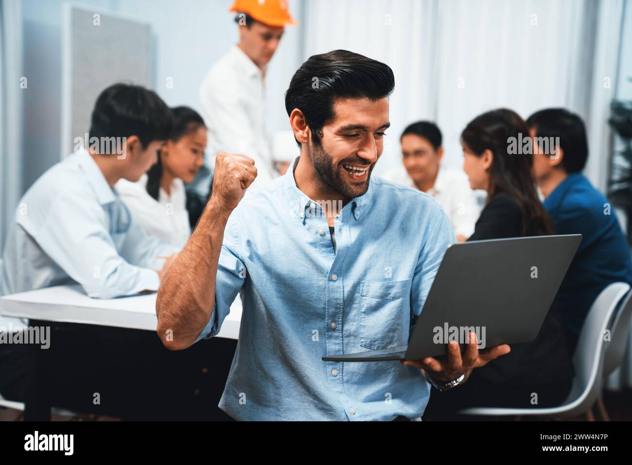 Engineer team leader portrait with diverse group of civil engineer and ...