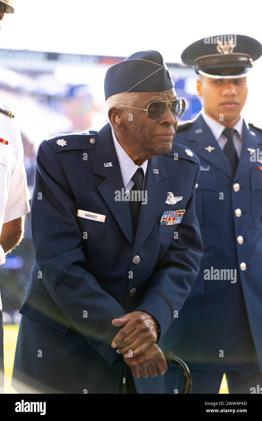 Famed Tuskegee Airman Lt. Col. James Harvey III, listens during a ceremony in which he was given ...