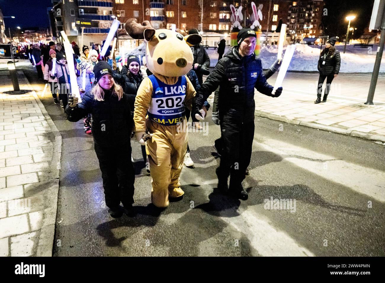 Boden, Sverige. 21st Mar, 2024. 240321 Invigningsmarsch med Maskot ...