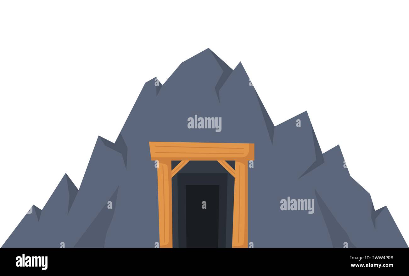 Mine cave entrance. Rock, stone shaft with wooden planks. Coal mine ...