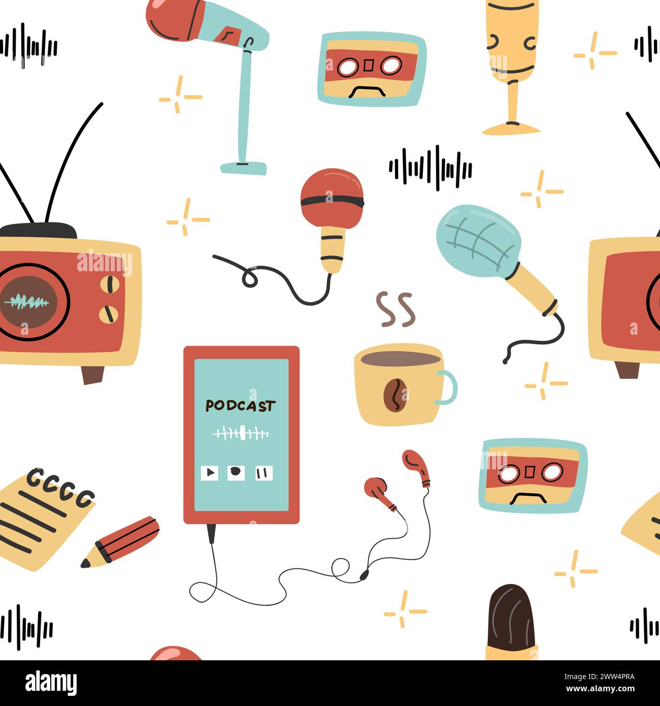 Podcast seamless pattern background with audio elements and radio ...