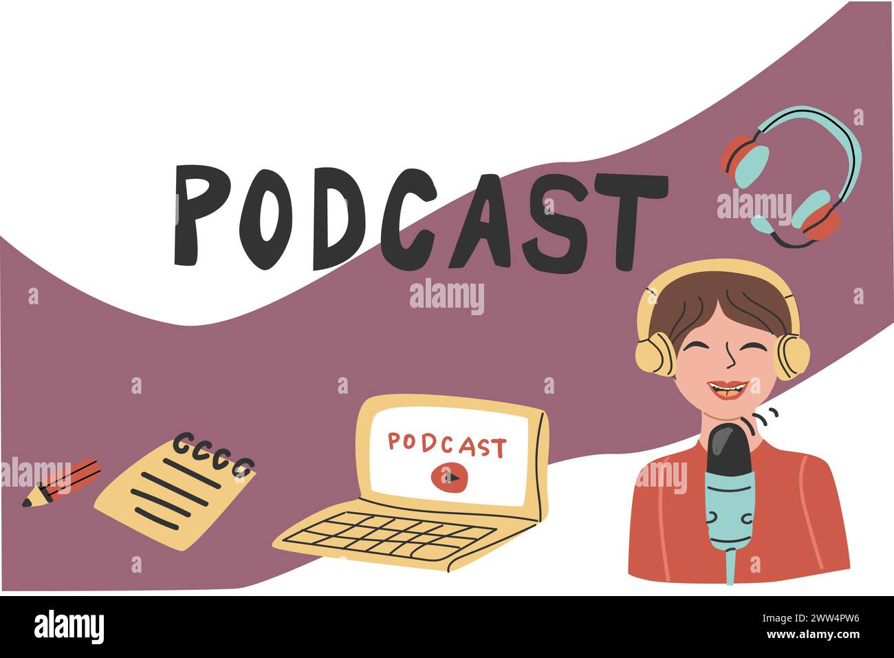 Podcast cover design background with woman in flat style. Vector ...