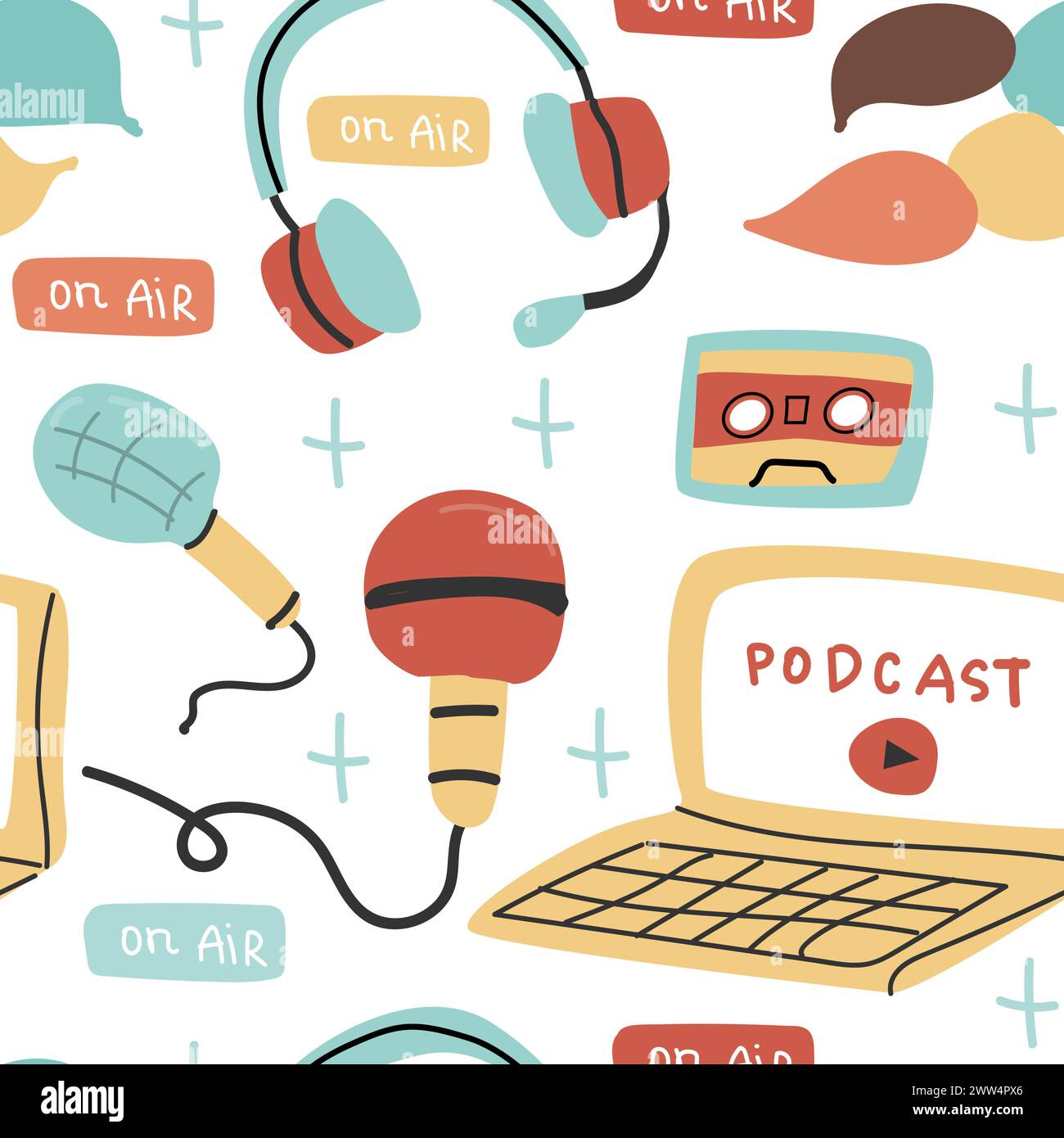 Podcast seamless pattern background with audio elements and laptop ...