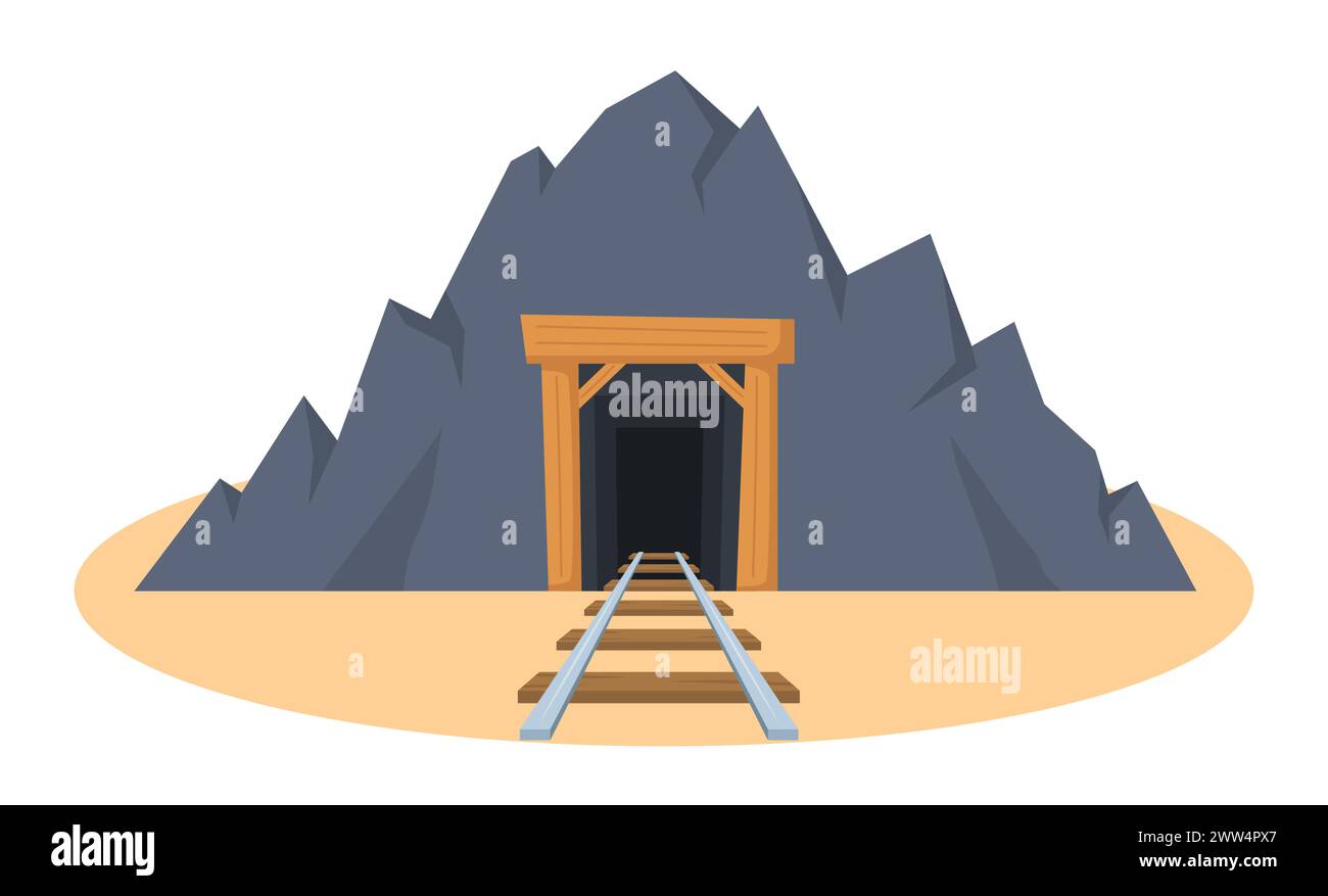 Mine cave entrance with railway. Rock, stone shaft with wooden planks ...