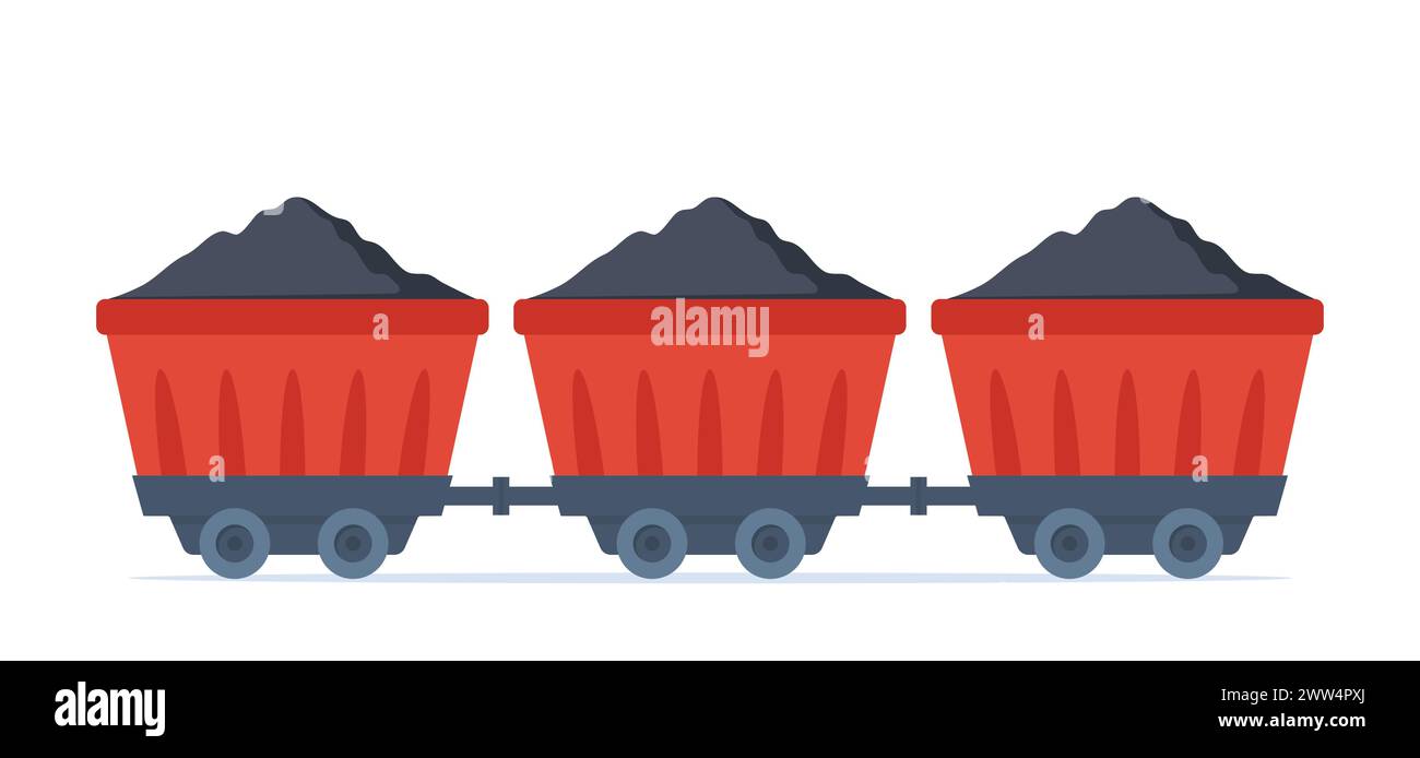 Mine coal trolleys. Wagon transporting pile coal. Mining industry ...