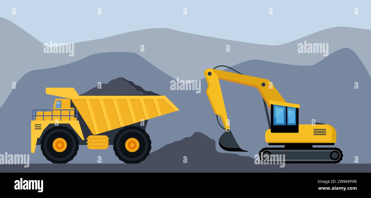 Excavator and dump truck working at coal mine. Open pit mine or quarry ...