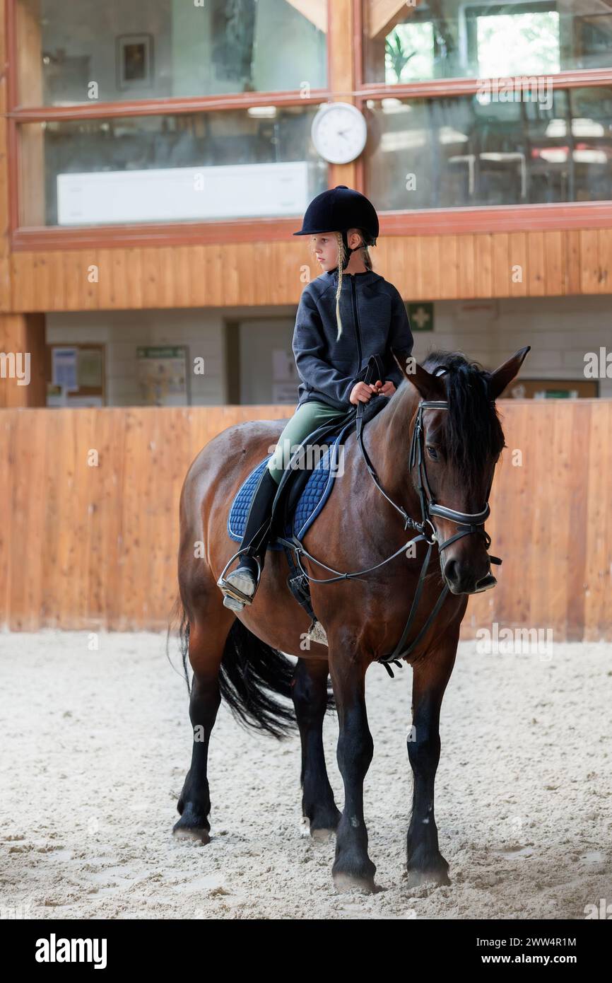 Horse riding school. Little children girls at group training equestrian ...