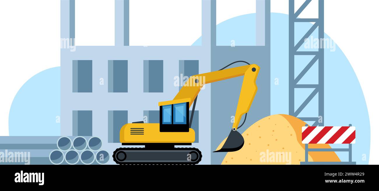 Building work process. Excavator, sand pile, warning sign. Construction ...