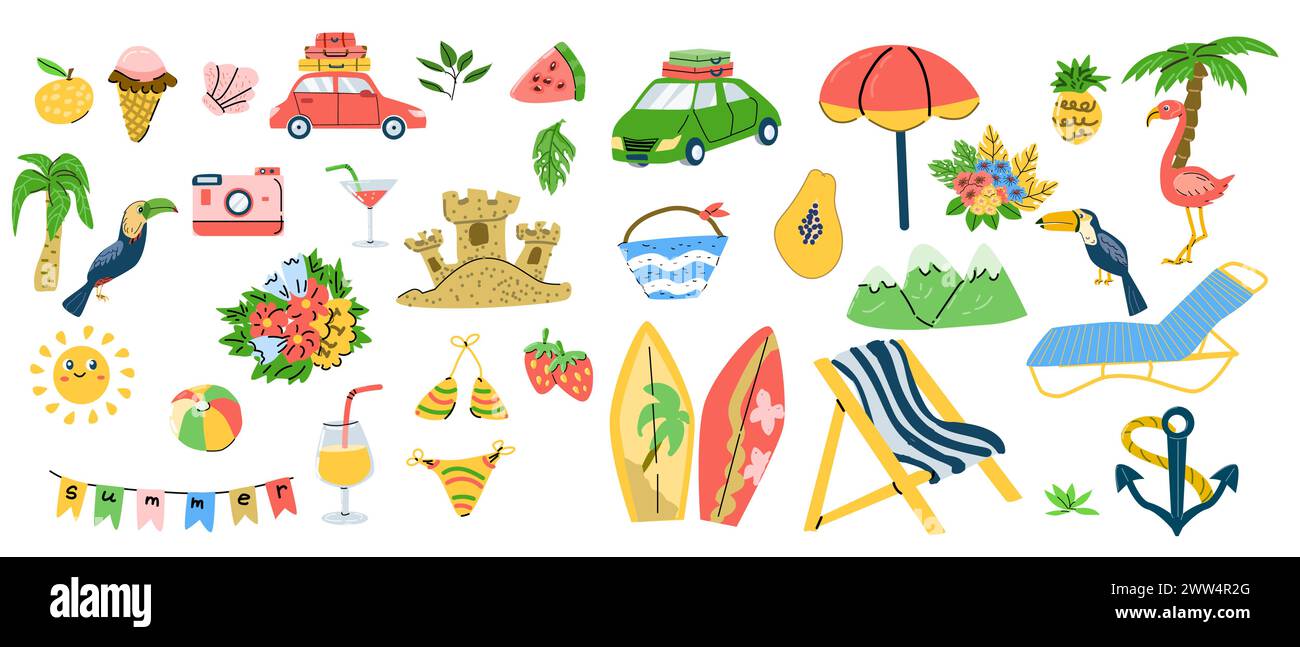 Big summer set of hand drawn items - car with luggage, umbrella ...