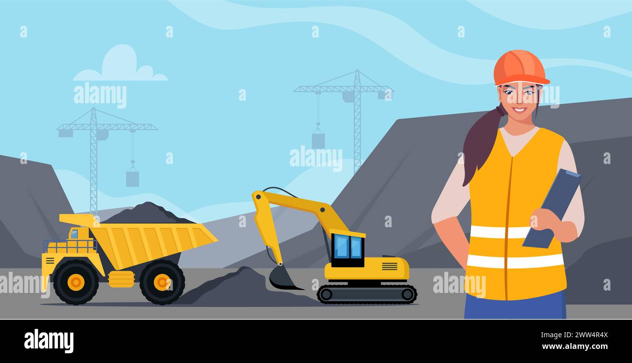 Excavator and dump truck working at coal mine. Open pit mine or quarry ...