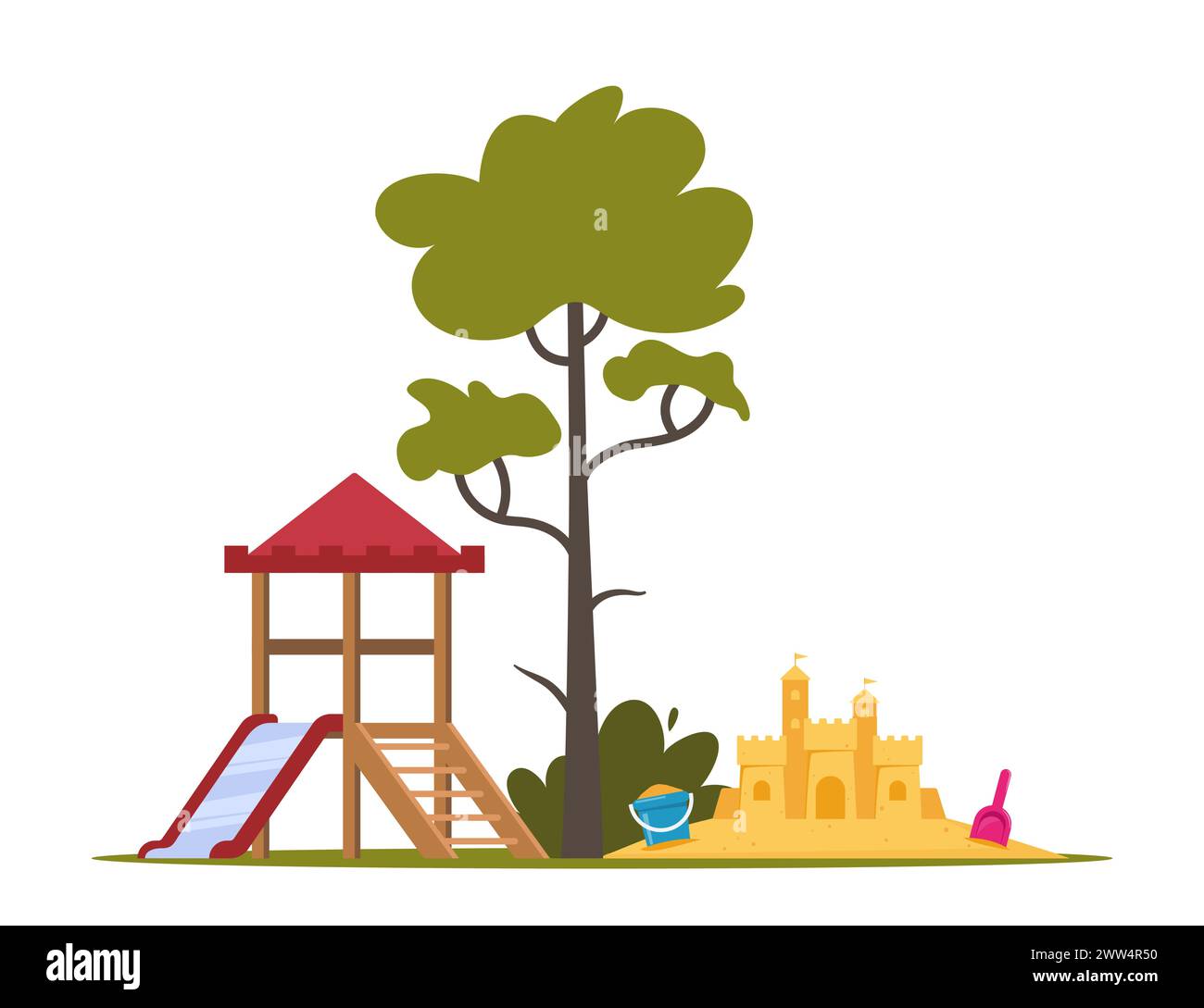 Children's entertainment playground elements. Slide, benches, a sandbox ...