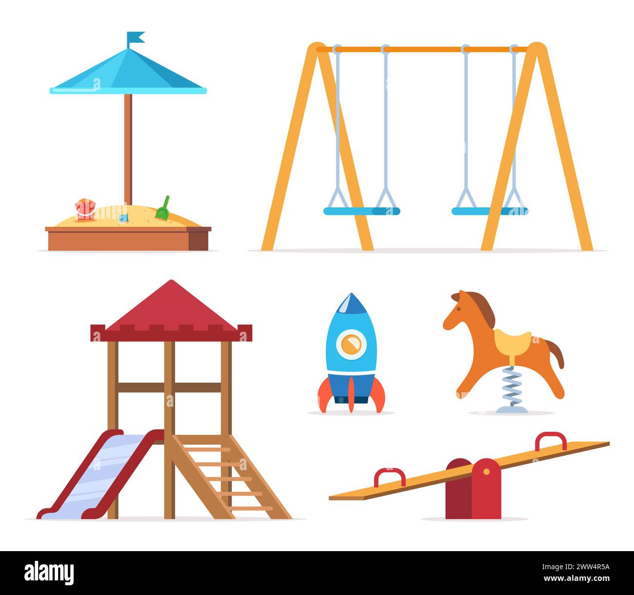Children's entertainment playground elements. Slide, benches, a sandbox ...