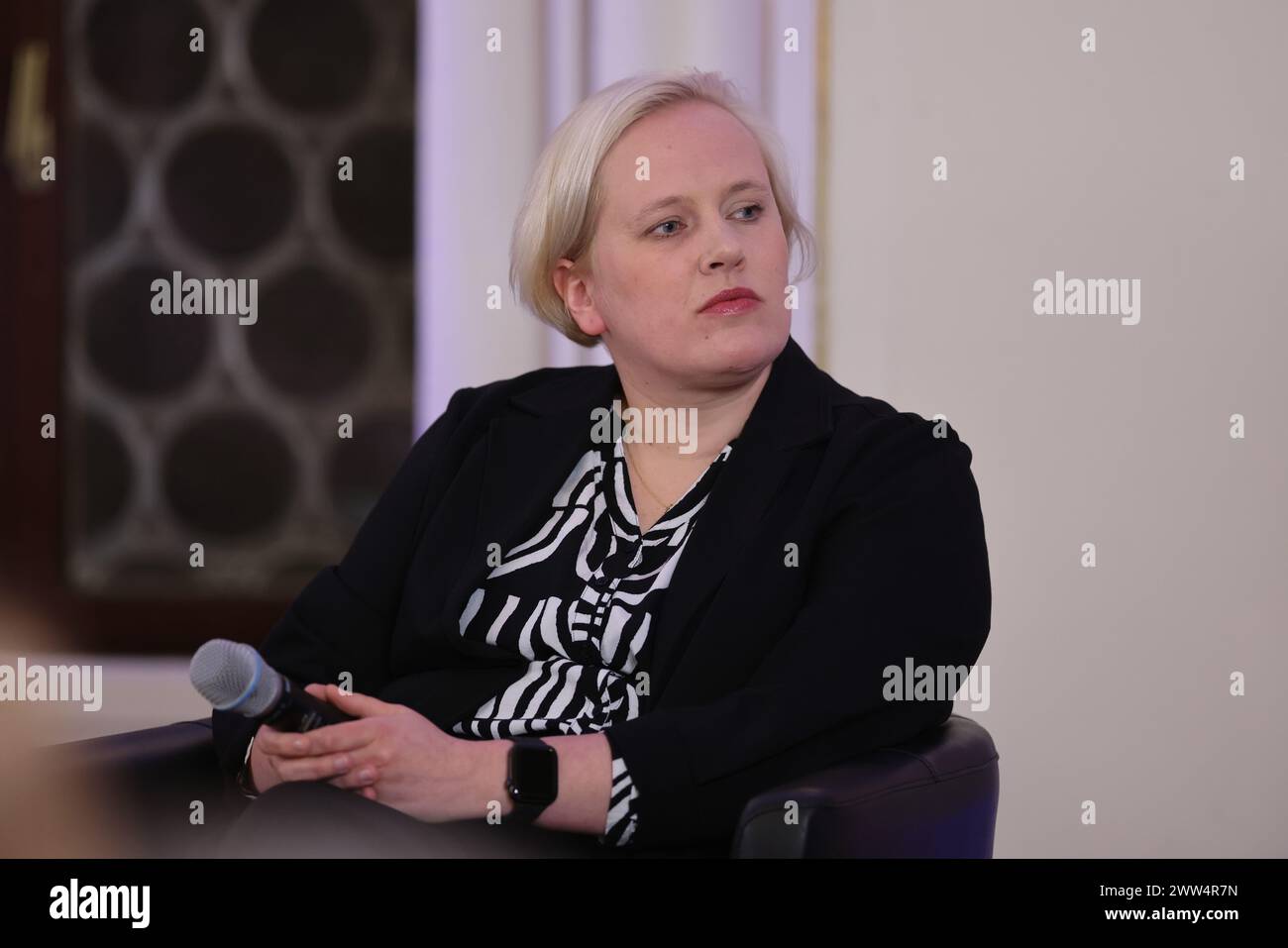 Leipzig, Germany. 21st Mar, 2024. Playwright Anne Rabe sits on the ...