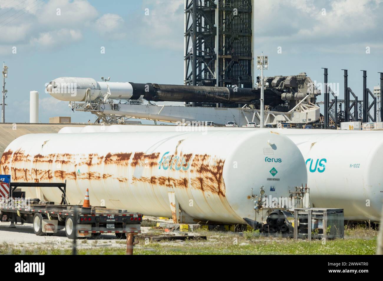 CAPE CANAVERAL, FLORIDA - 15 MARCH 2024. FALCON 9 rocket lying ...
