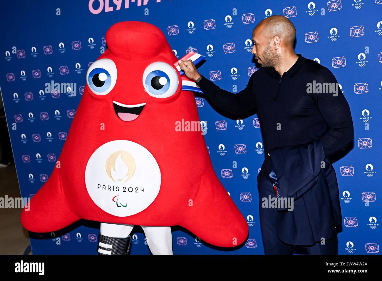 Paris, France. 20th Mar, 2024. Thierry Henry with the phrygian mascot ...