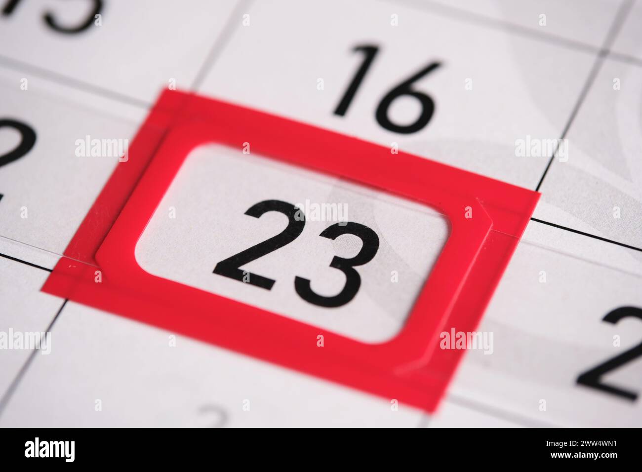 Calendar date. The 23th number the calendar is highlighted in a red ...