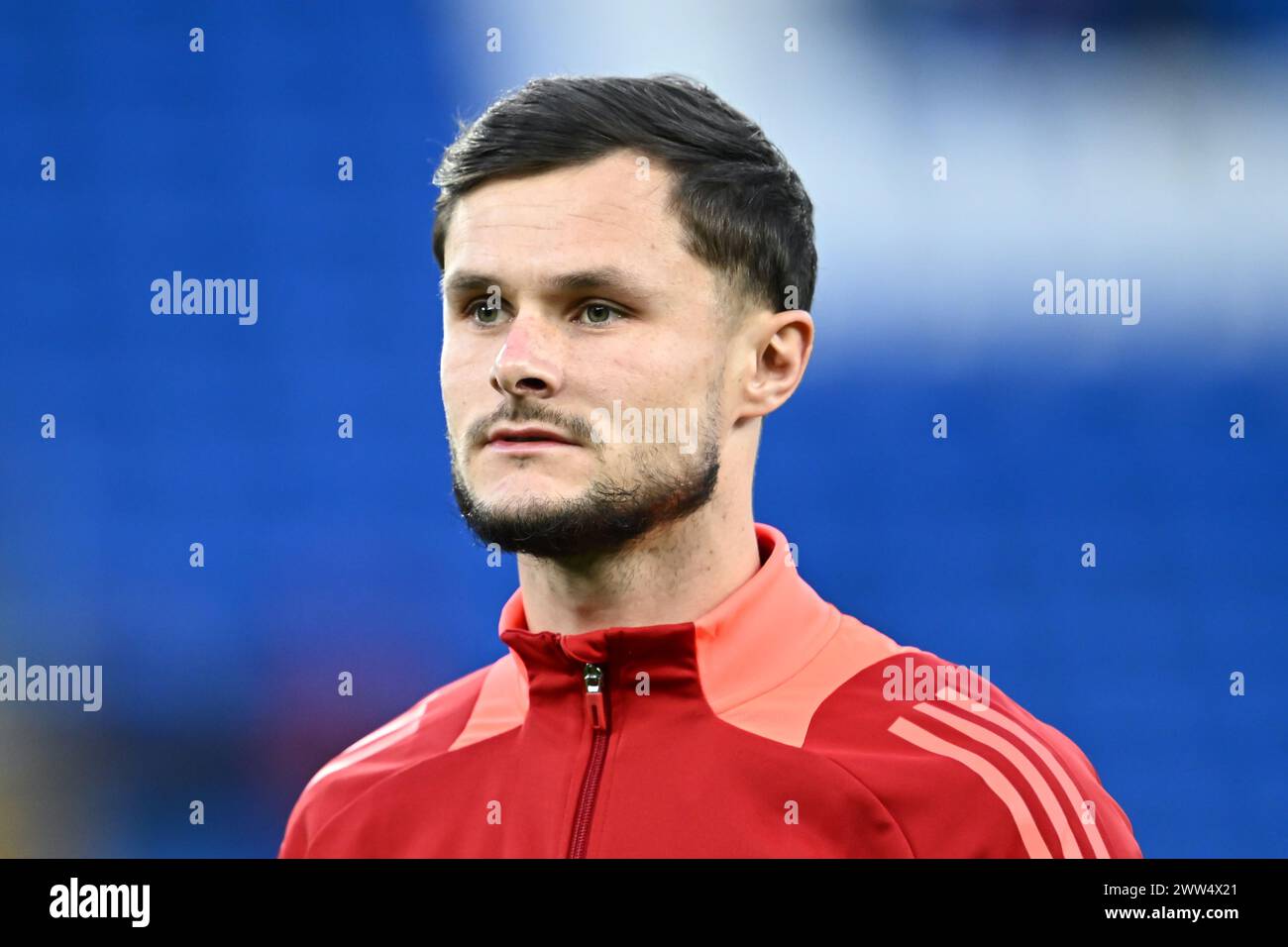 Liam Cullen of Wales arrives ahead of the UEFA Euro Qualifiers Play-Off ...