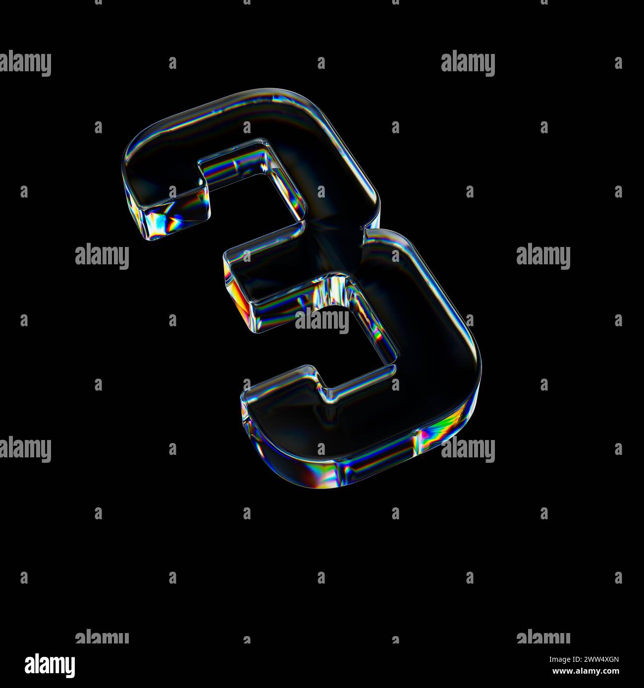 3d Transparent glossy number 3 with dispersion effect. Rainbow colors ...