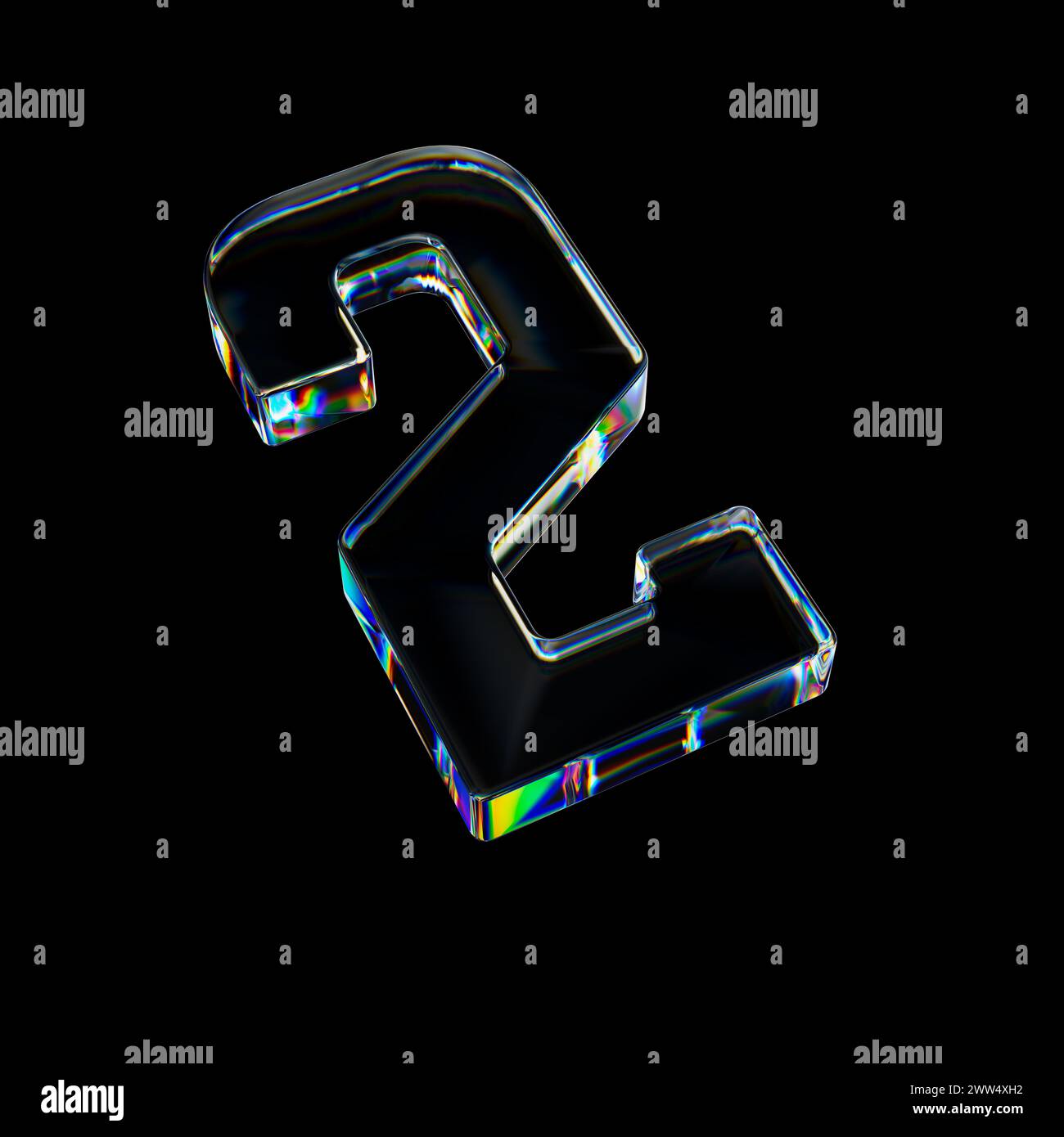 3d Transparent glossy number 2 with dispersion effect. Rainbow colors ...