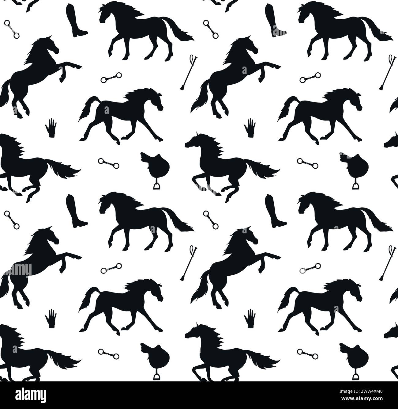 Vector seamless pattern of hand drawn horses silhouette isolated on ...