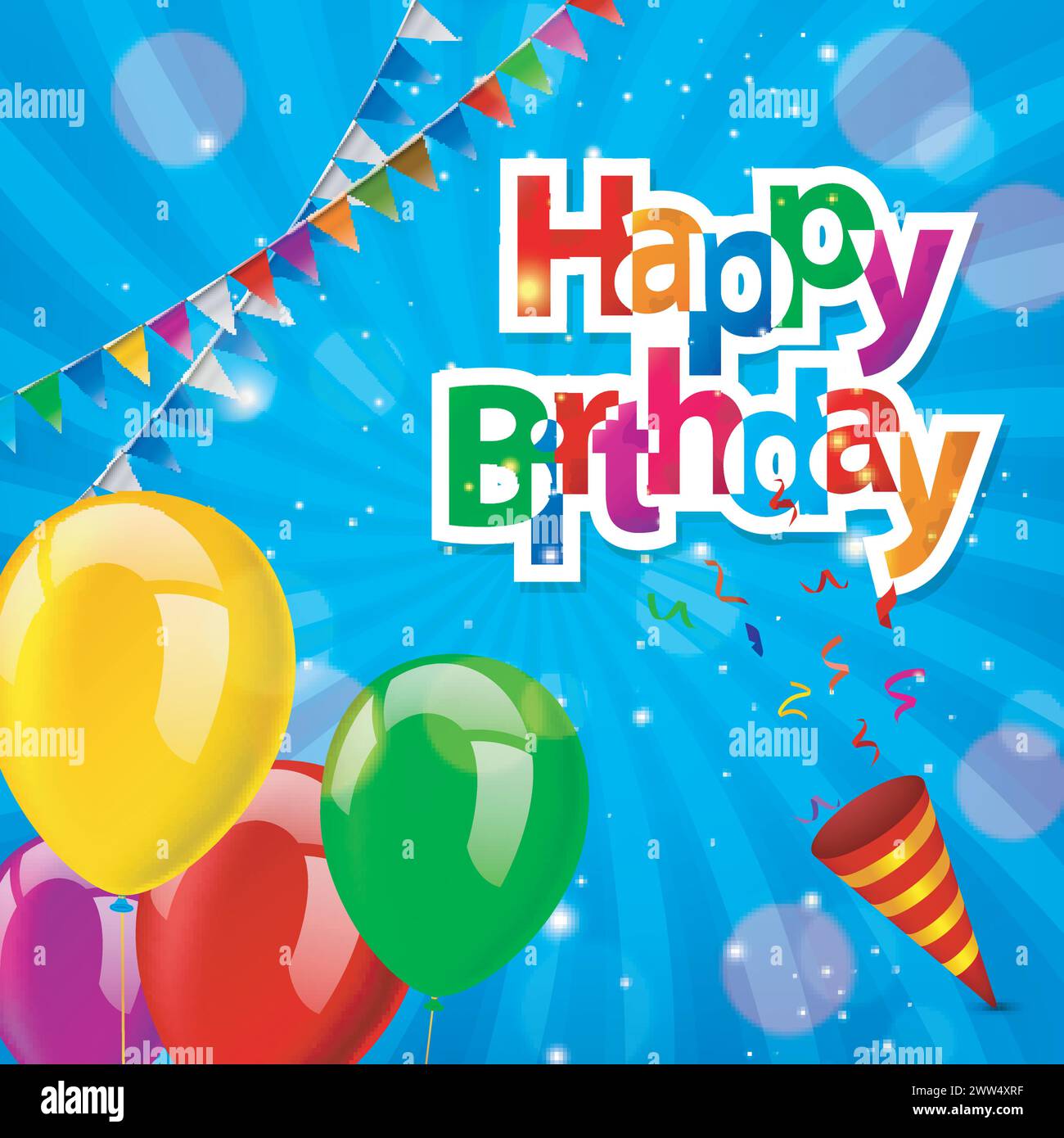 Happy Birthday Greeting Card with Exploding Confetti Popper, Vector ...