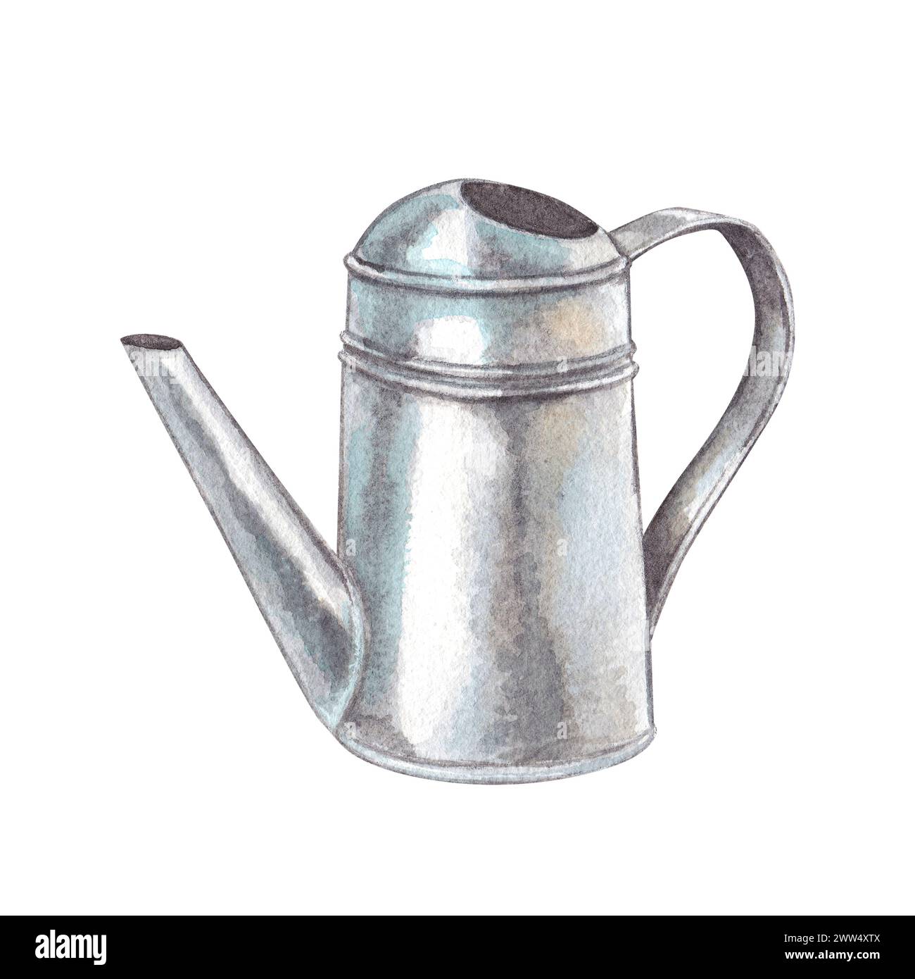 Old watering can. Watercolor hand drawn illustration of a metal ...