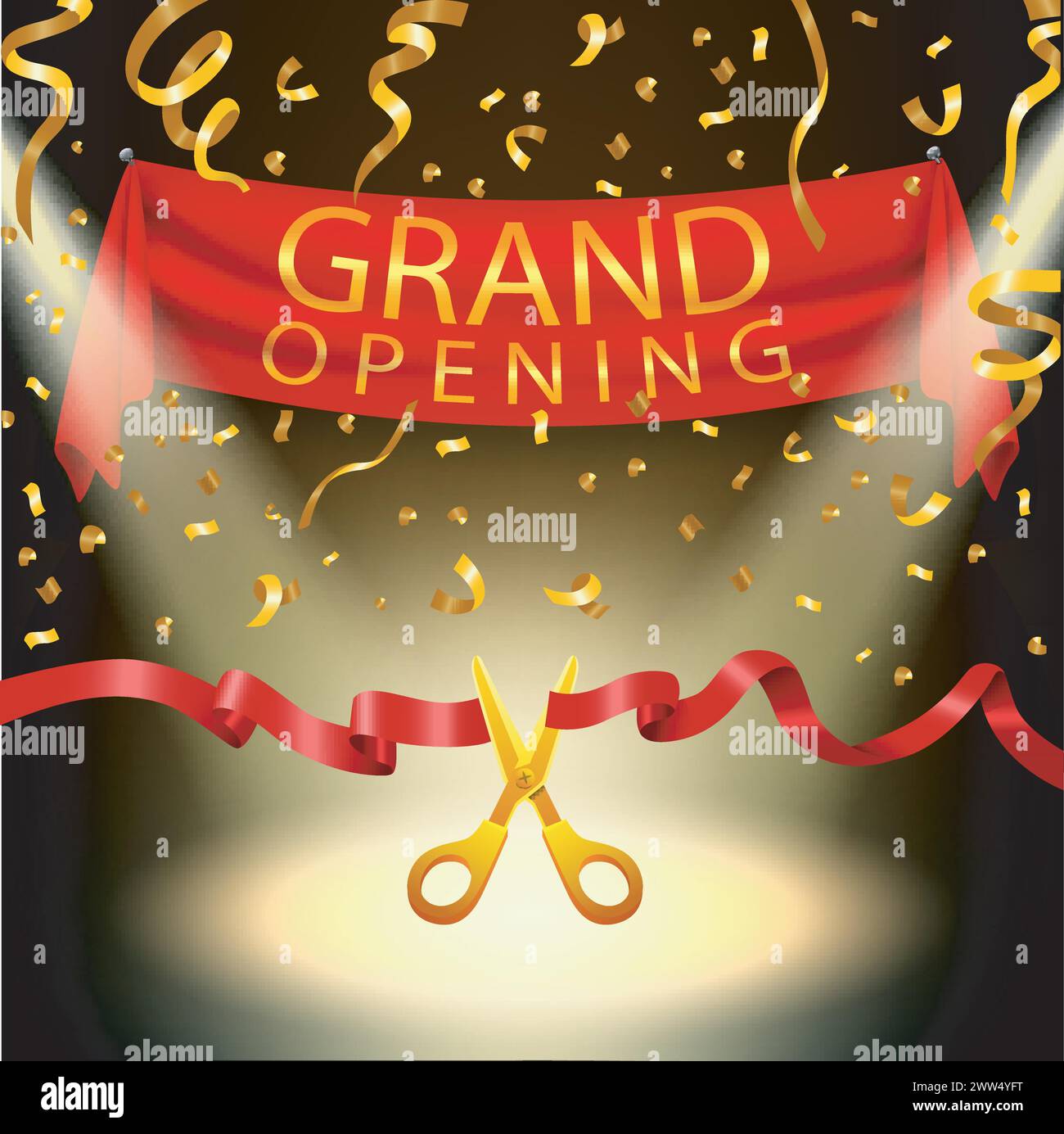 Grand opening background with spotlight and gold confetti, Vector ...