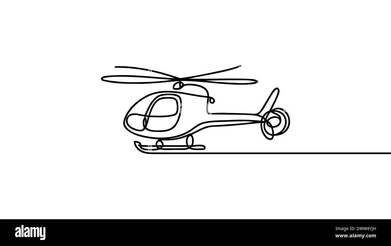 Continuous line helicopter in flight. Drawing black thin line on white ...