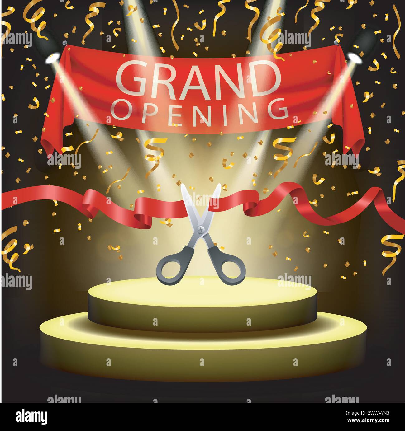 Grand opening background with spotlight and gold confetti on spotlight ...