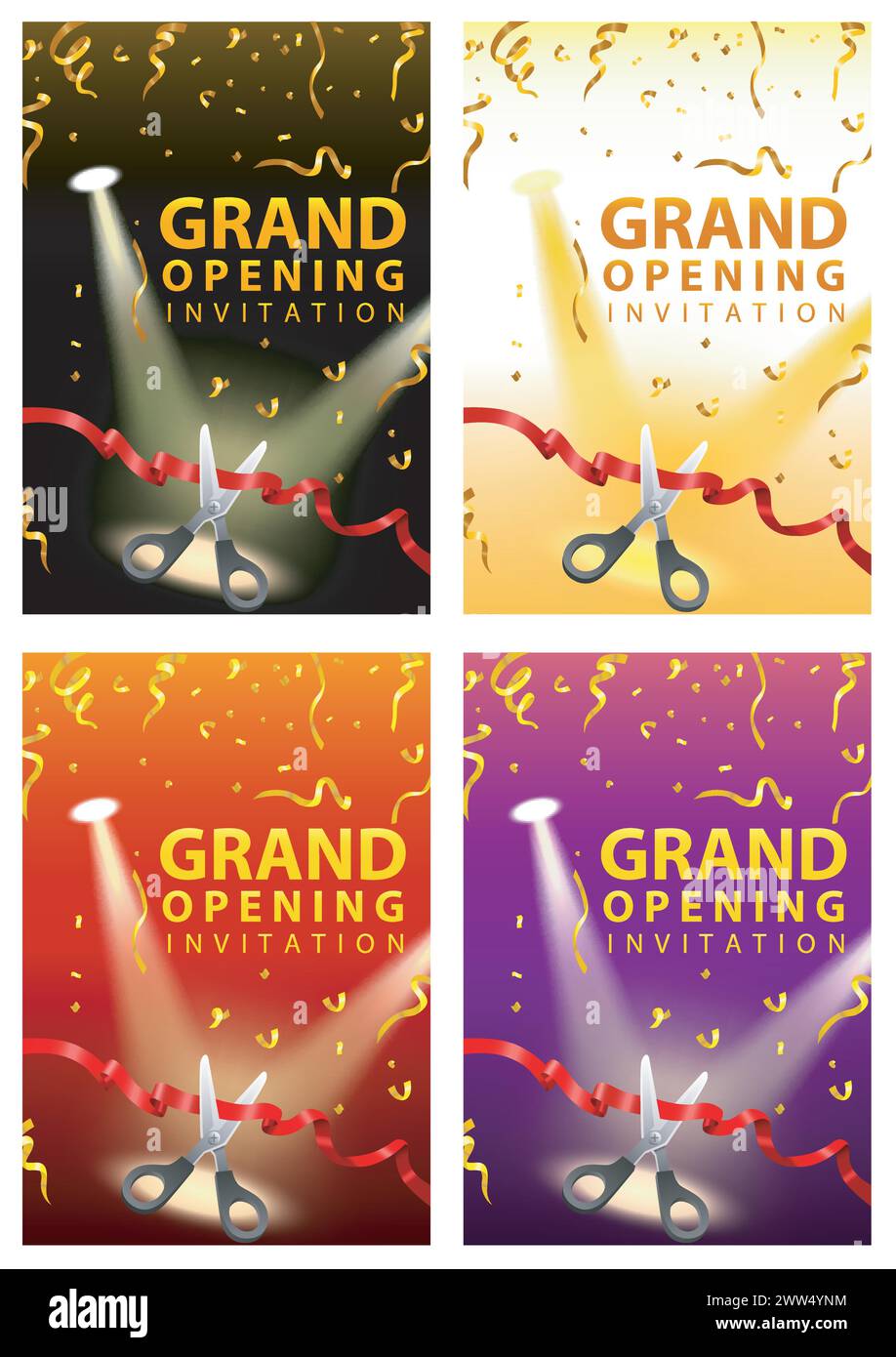 Grand Opening Invitation Cards in Four Color Sets, Vector Illustration ...