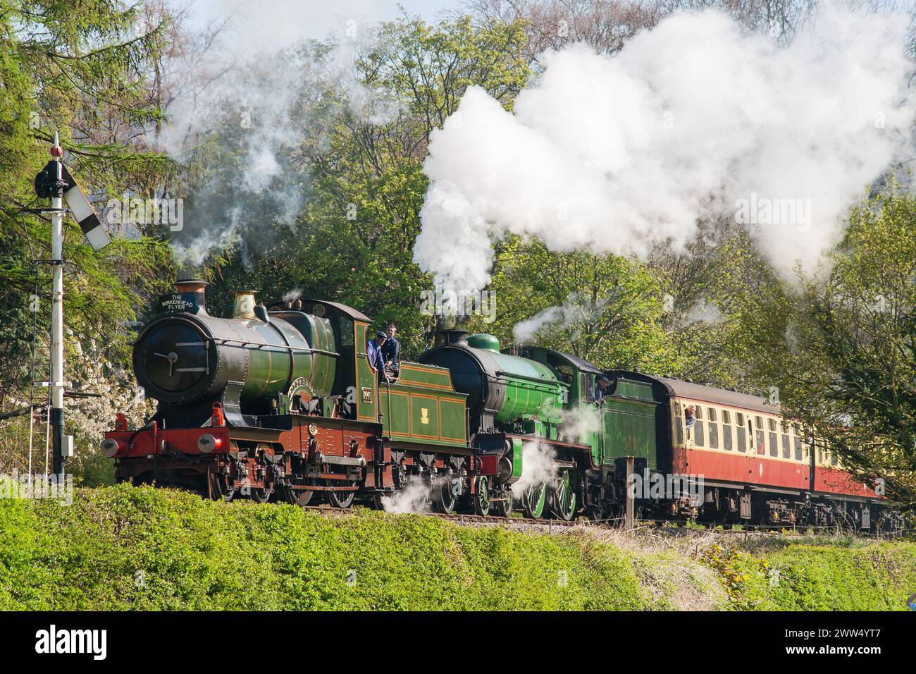 A doubleheader steam train on the Llangollen Railway Stock Photo - Alamy