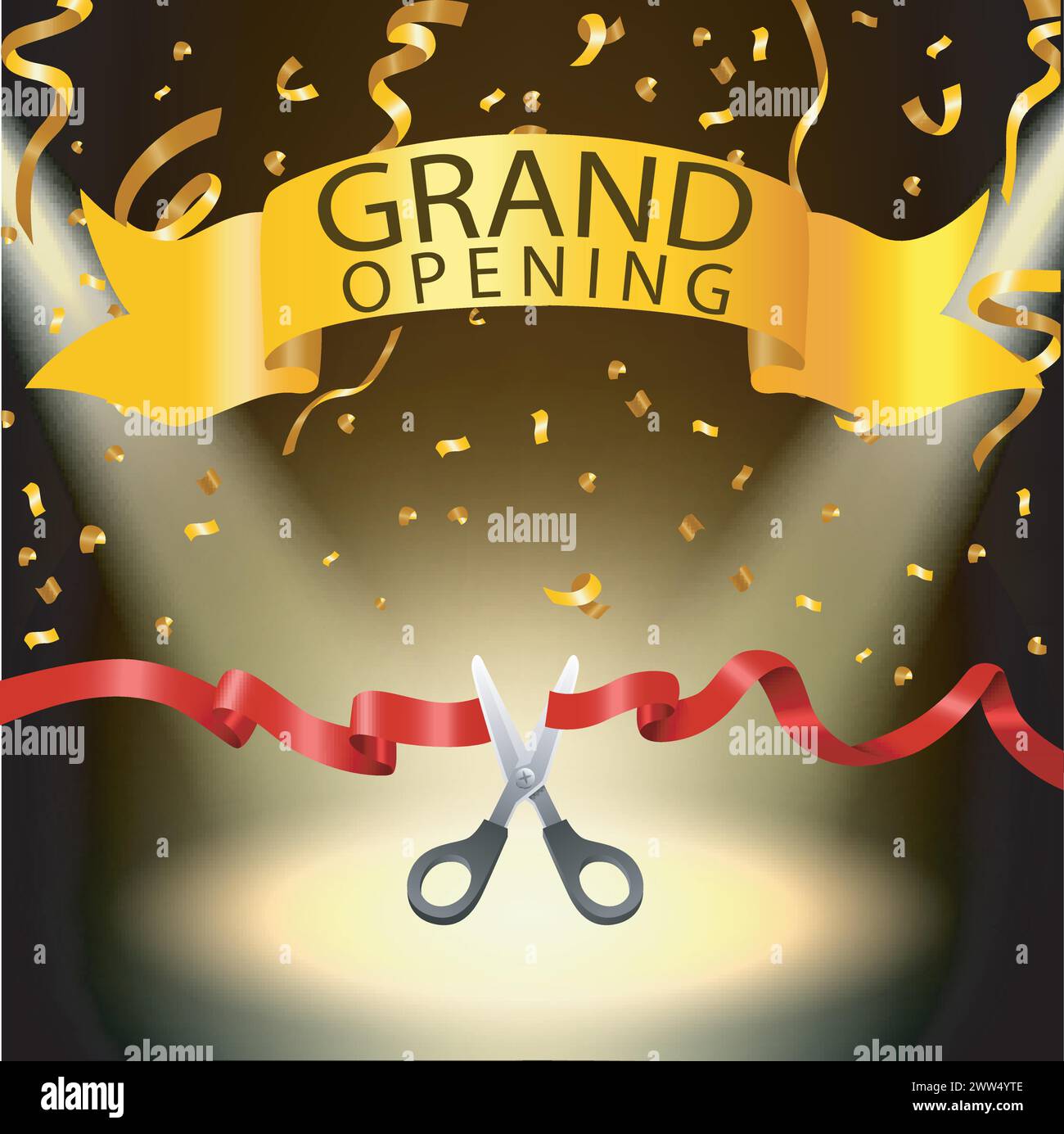 Grand opening background with spotlight and gold confetti, Vector ...