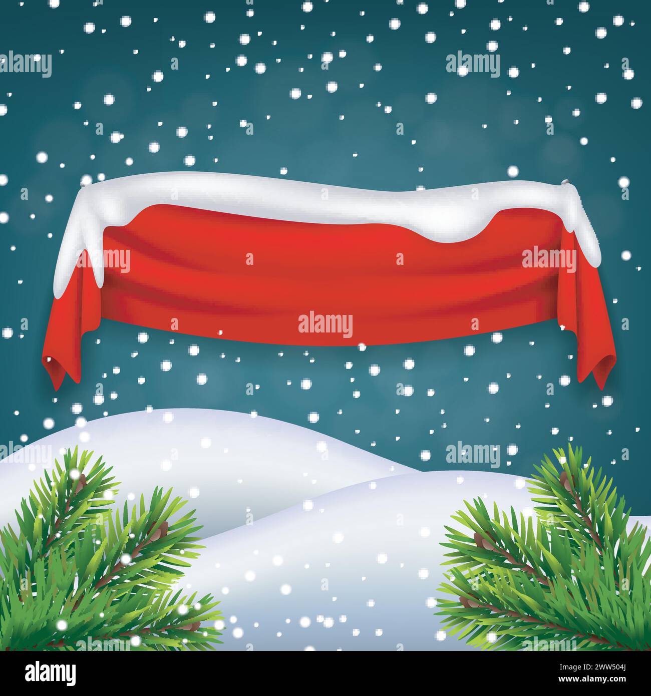 Red Banner with Snowflakes Falling at Winter Night, Vector Illustration ...