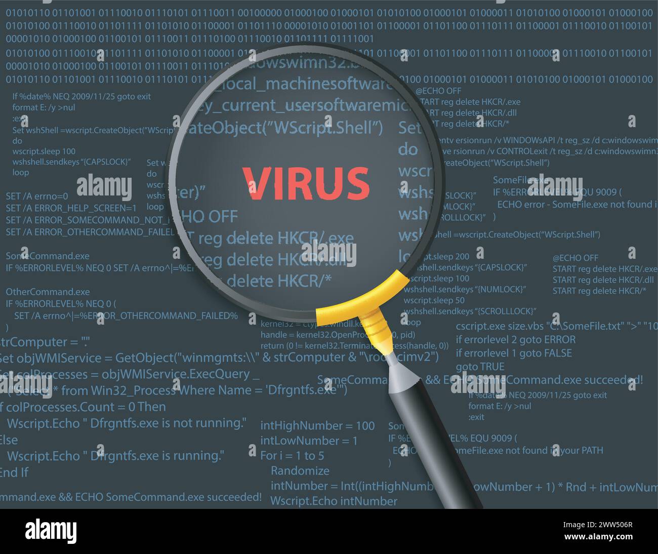 Scanning virus on script background with magnifying glass concept ...