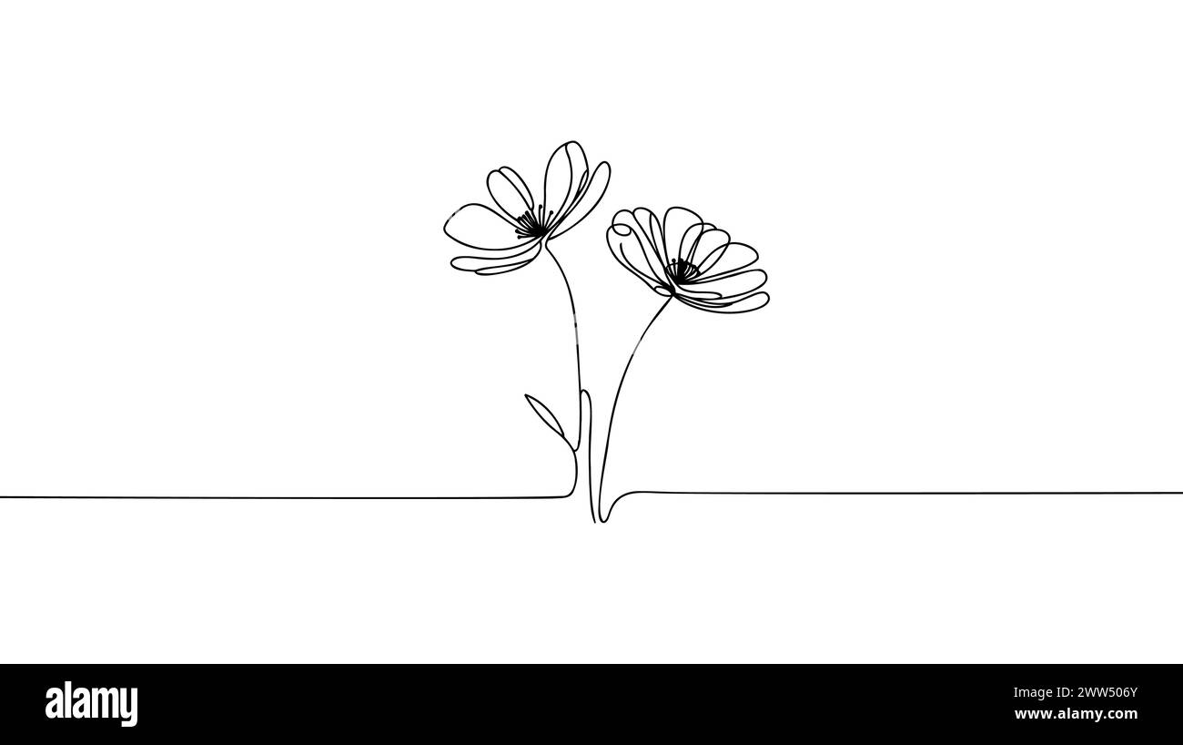 One line flower element. Black and white monochrome continuous single ...