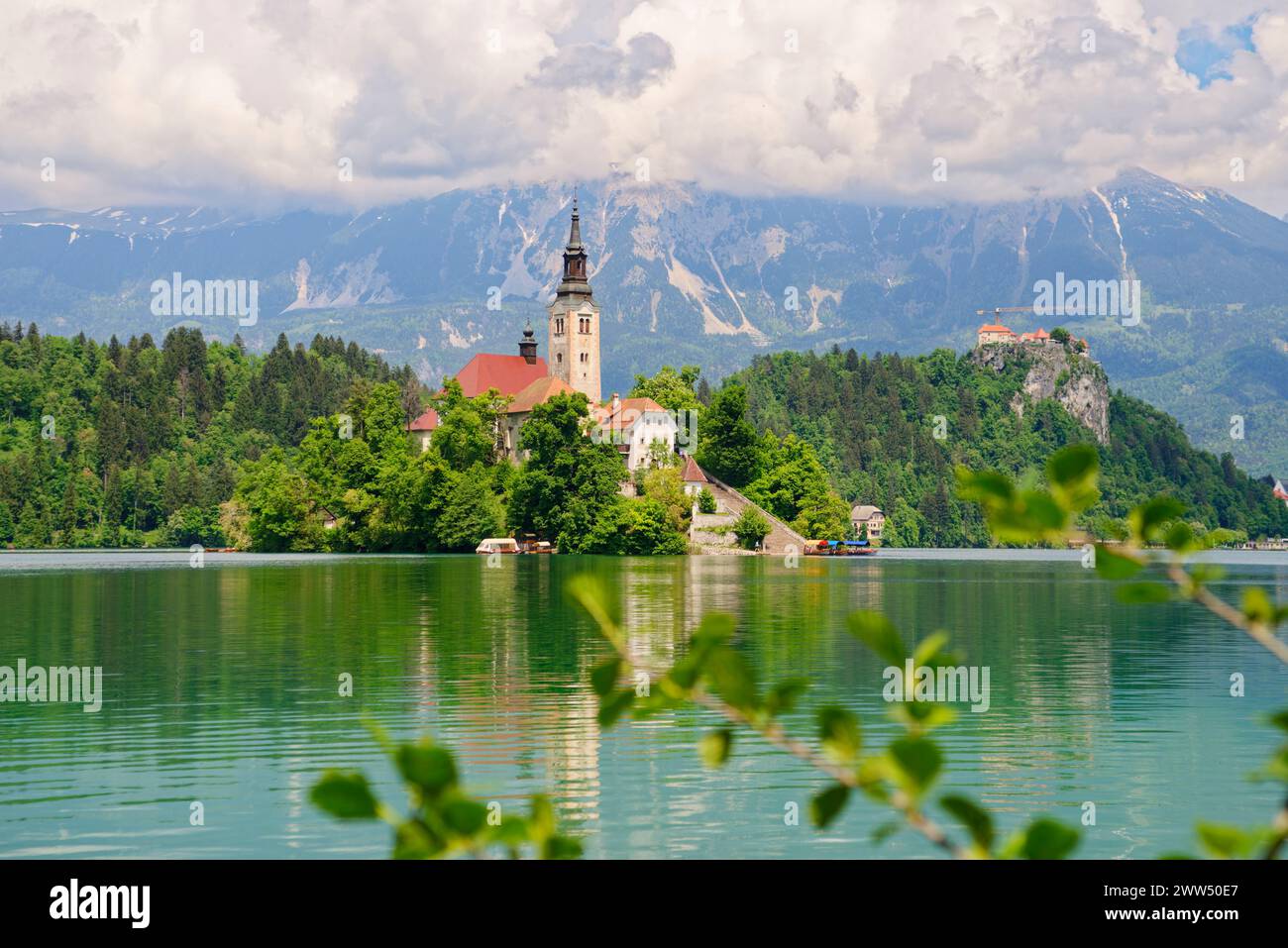 View of the magical Lake Bled in Slovenia. Church of the Mother of God ...