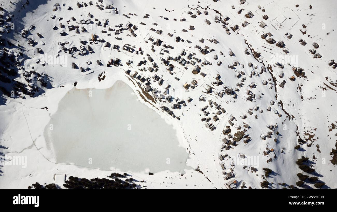 Aerial View of the frozen Prokosko lake and the surrounding village ...