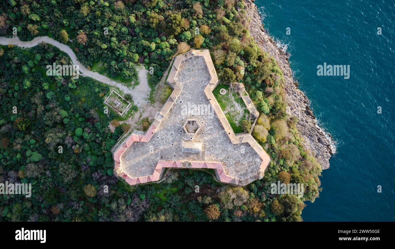 Aerial drone view of the Porto Palermo Castle in Albania. The castle is ...