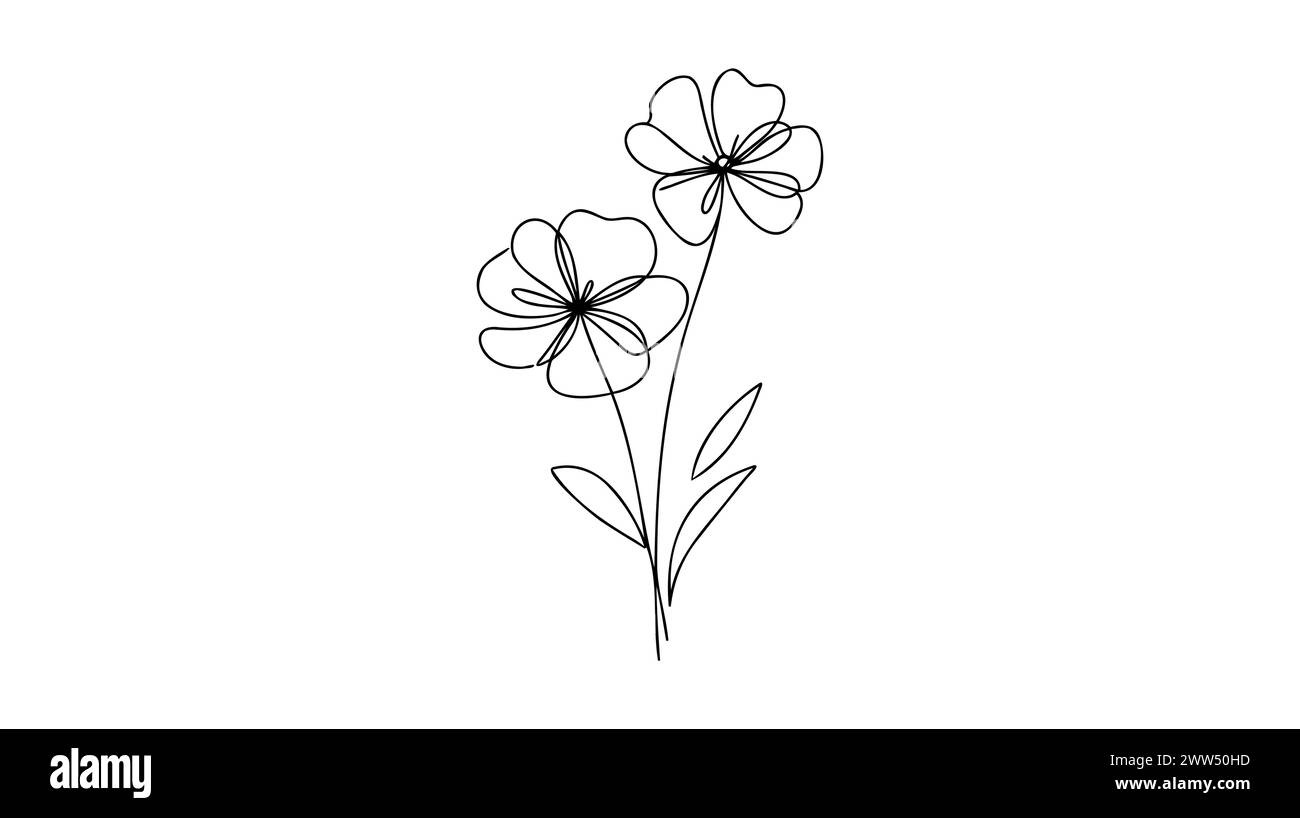 One line flower element. Black and white monochrome continuous single ...