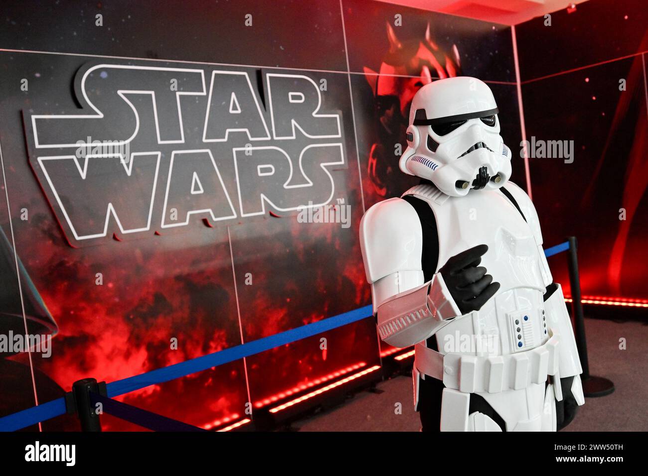 A Stormtrooper costumed character poses at the Hasbro and Amazon Star ...