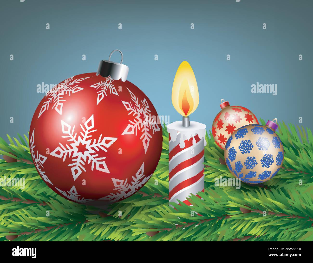 Christmas Balls and Candle Light on A Pile of Pine Leaves, Vector ...
