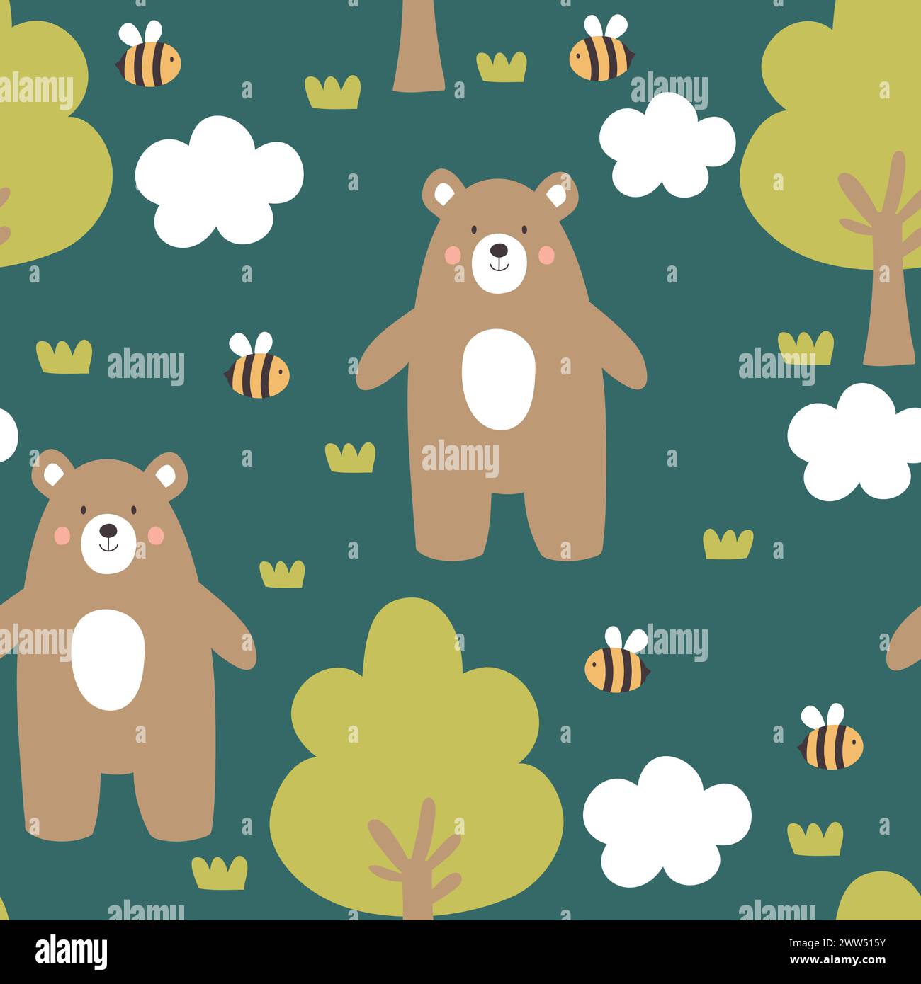 Cute bear seamless pattern. Children background with bear, trees, bees ...