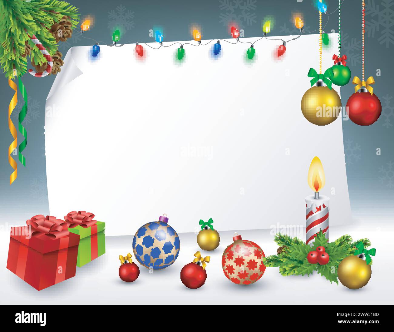 Christmas Greeting Card in Snowy Background, Vector Illustration Stock ...