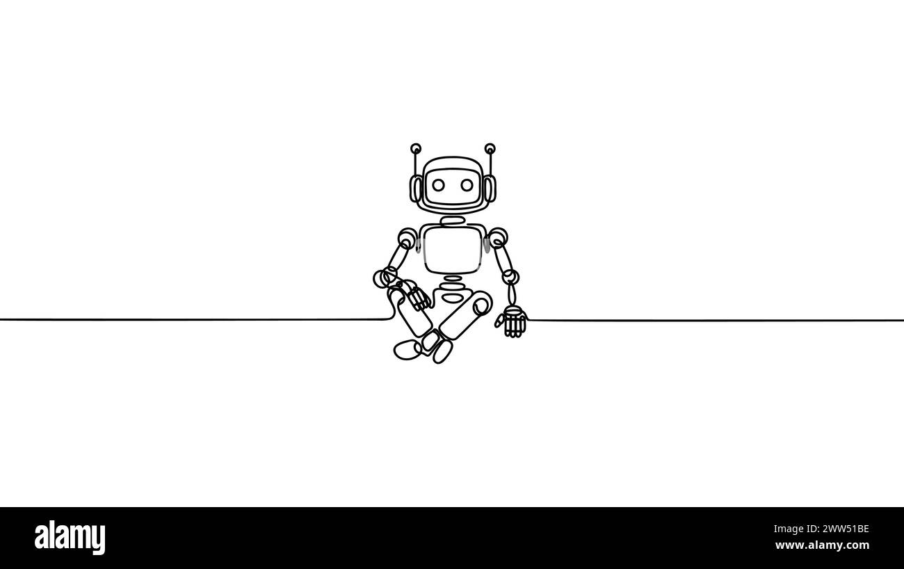 Continuous one line drawing sitting robot. Metal computer man or ...