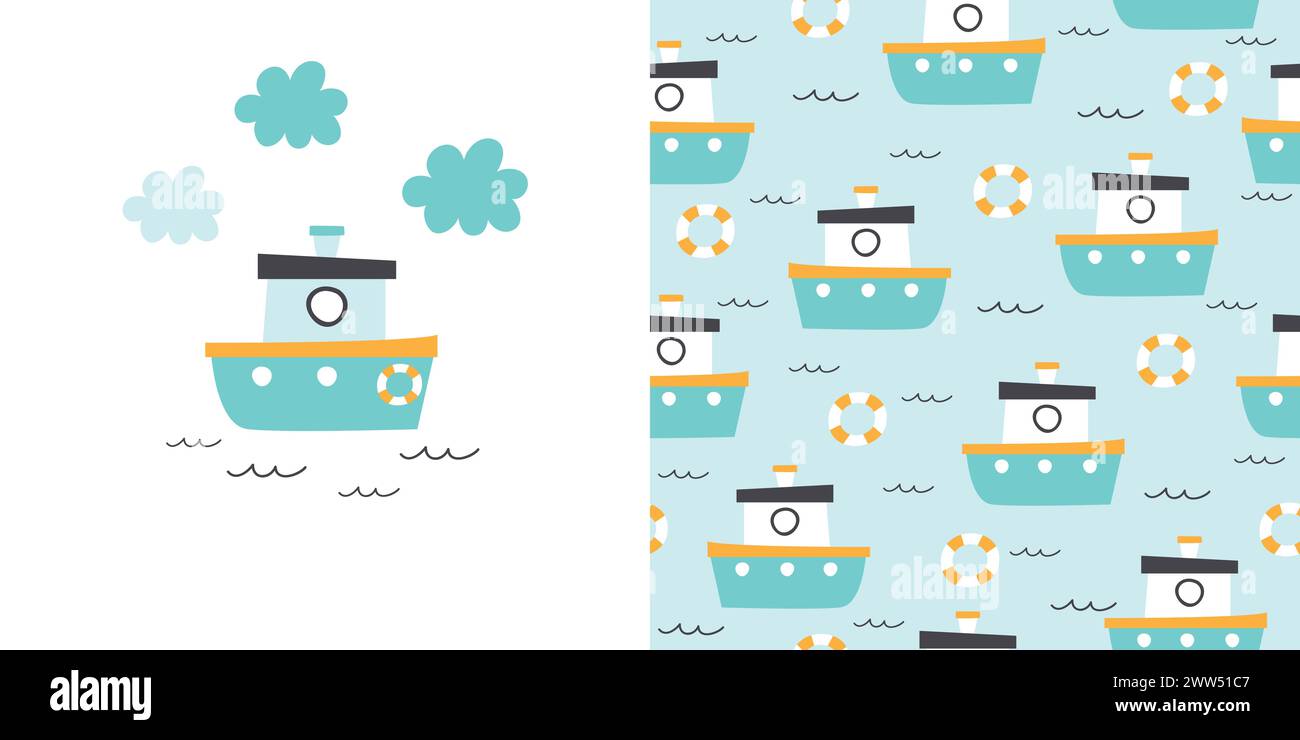 Cute boat card and seamless pattern. Childish background with boats ...