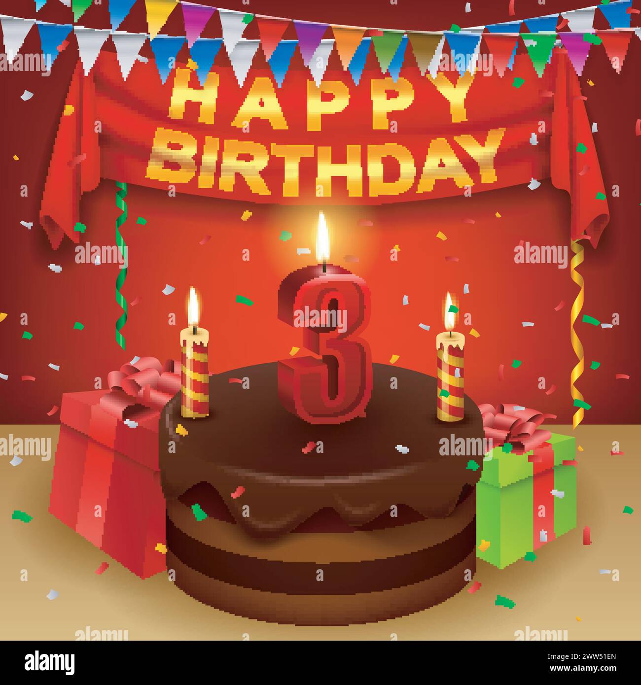 Happy 3rd Birthday with Chocolate Cream Cake and Triangular Flag ...