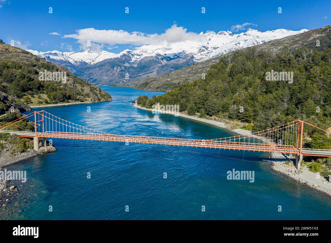 Aerial view of suspension bridge Puente General Carrera, between Lago ...